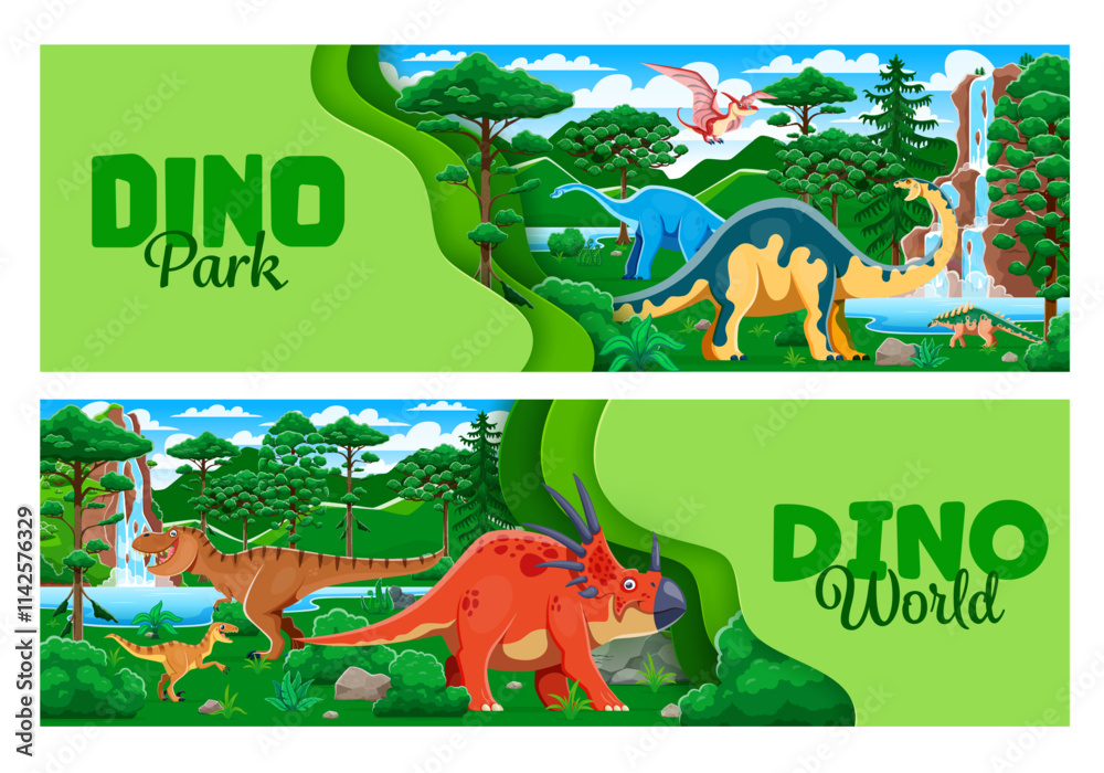 Dino park paper cut banners with prehistoric dinosaurs characters ...