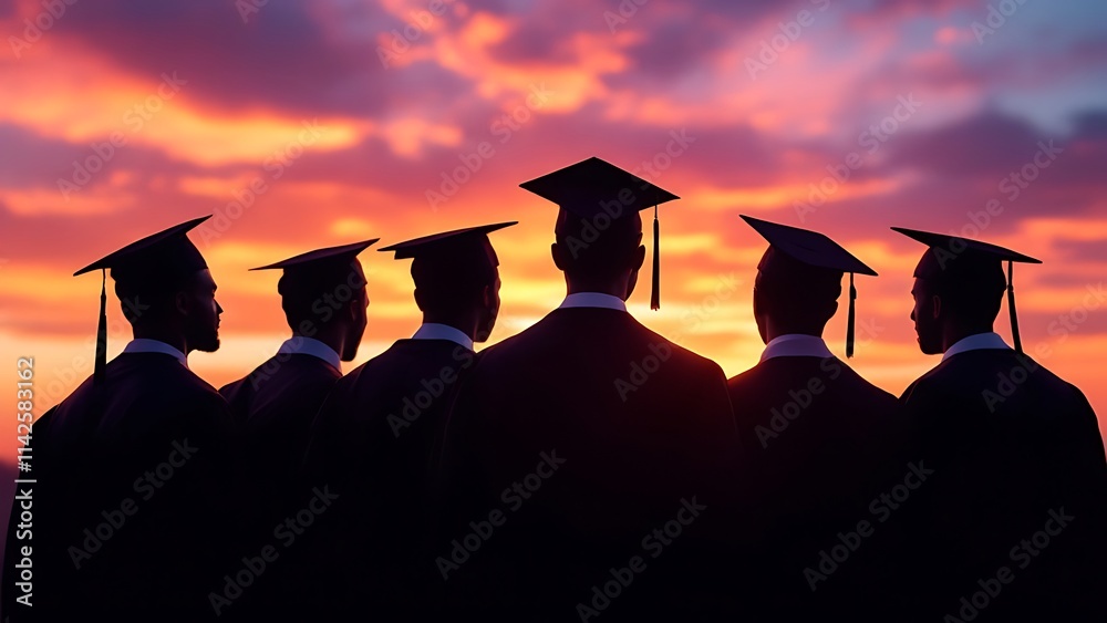 Silhouettes of students with graduate caps in a row on panoramic sunset ...