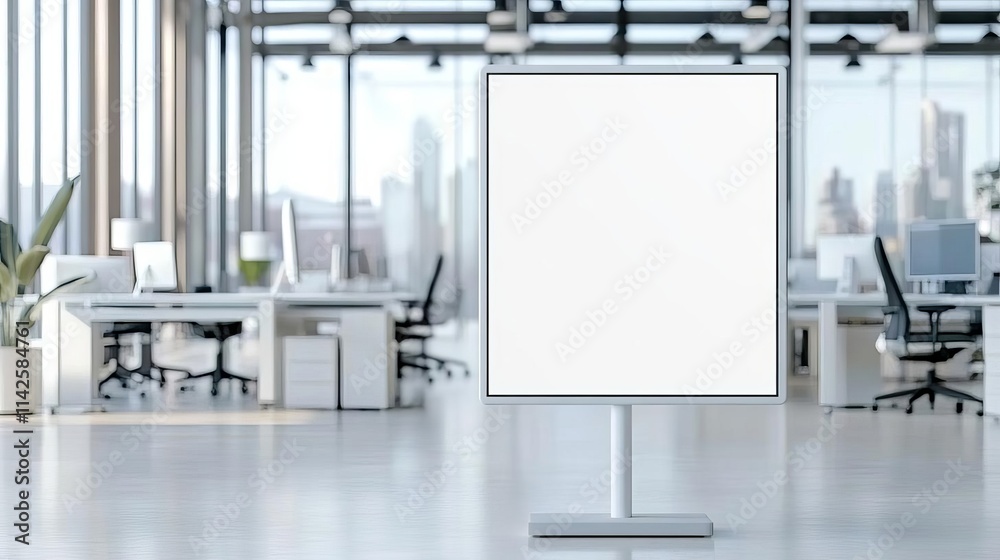 Blank directional sign with digital screen interface in a high-tech ...