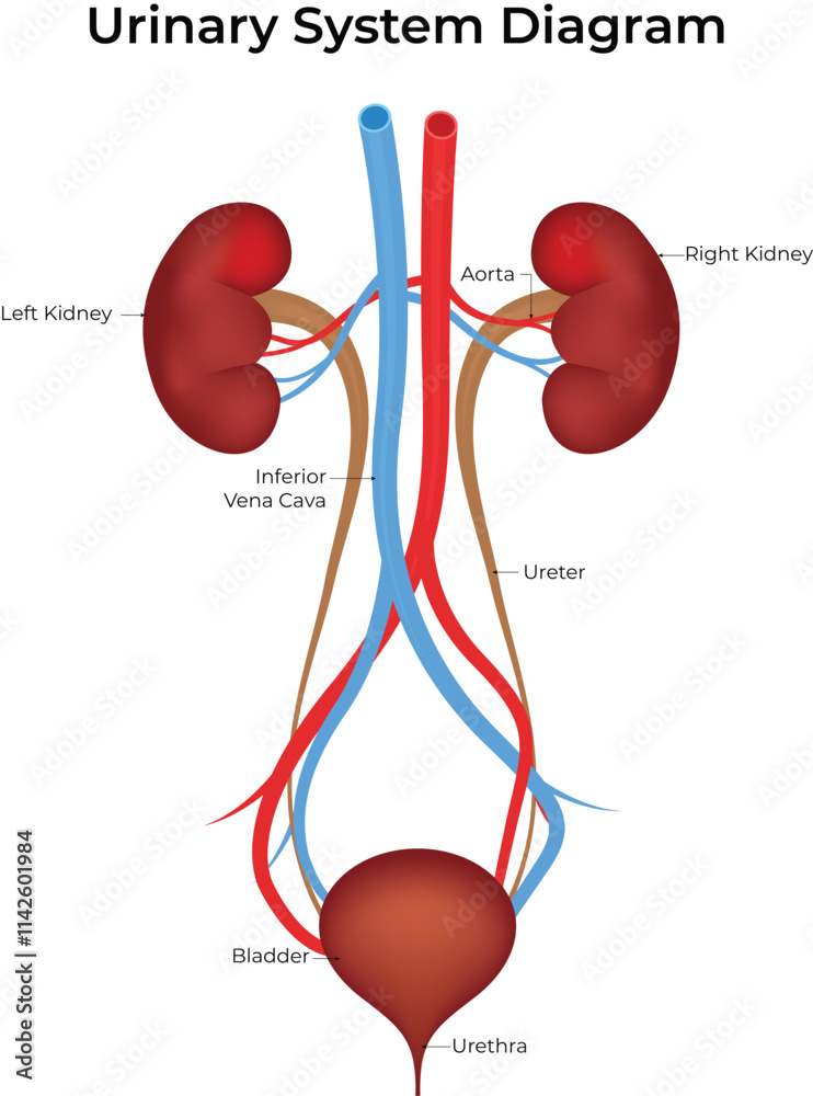 Urinary System Diagram, Kidney, Aorta, Inferior Vena Cava, Ureter, Bladder, Urethra Vector ...