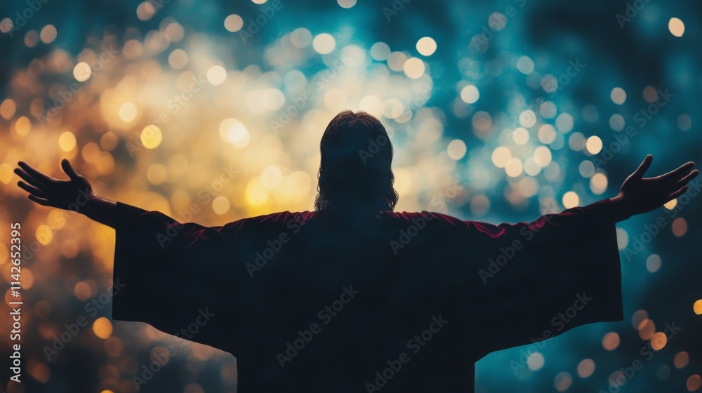 Jesus Christ with open arms reaching out in the sky. Religion concept ...