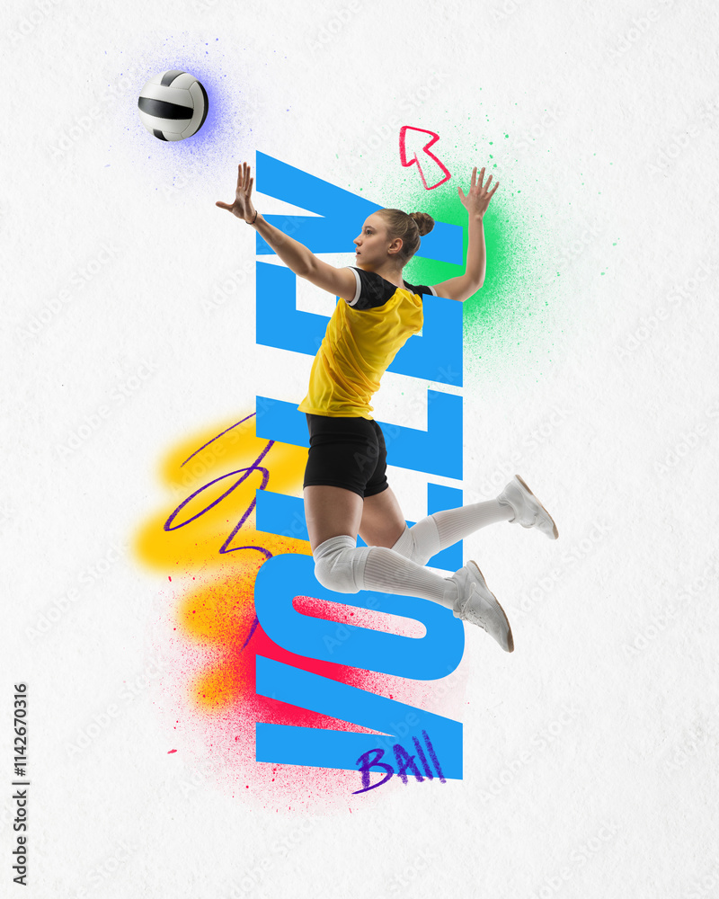 Dynamic image of young woman, volleyball player in motion, serving ball ...