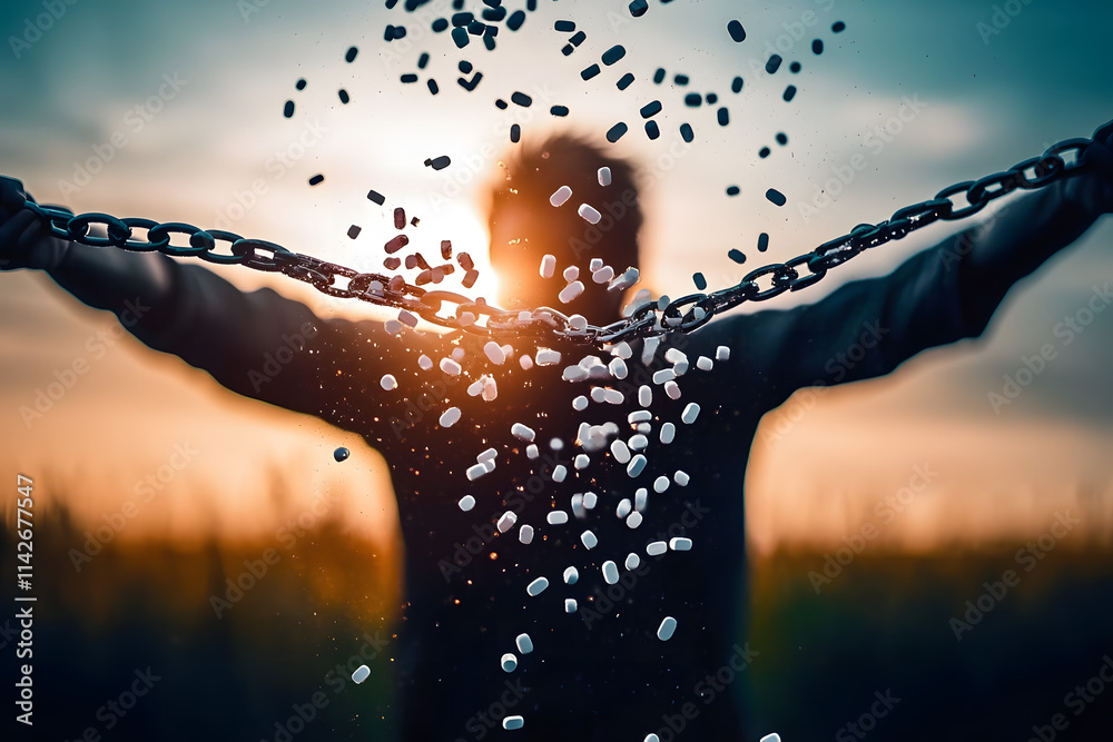 A person breaking chains with fentanyl pills falling away, symbolizing ...