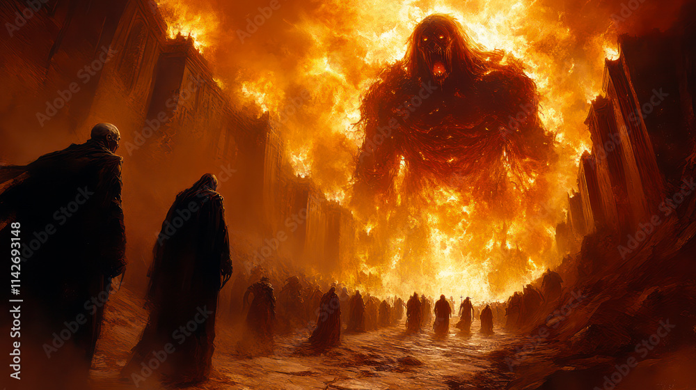Huge demon warmly welcomes new sinners in hell Stock Illustration ...