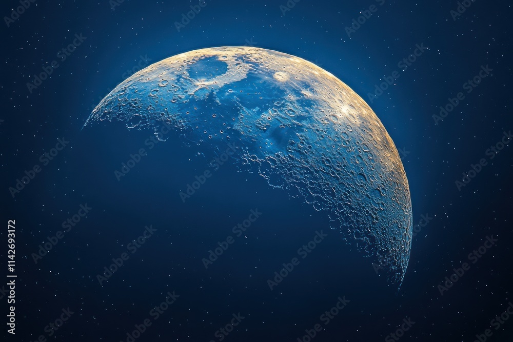 Illuminated crescent moon against dark blue space background. Stock ...