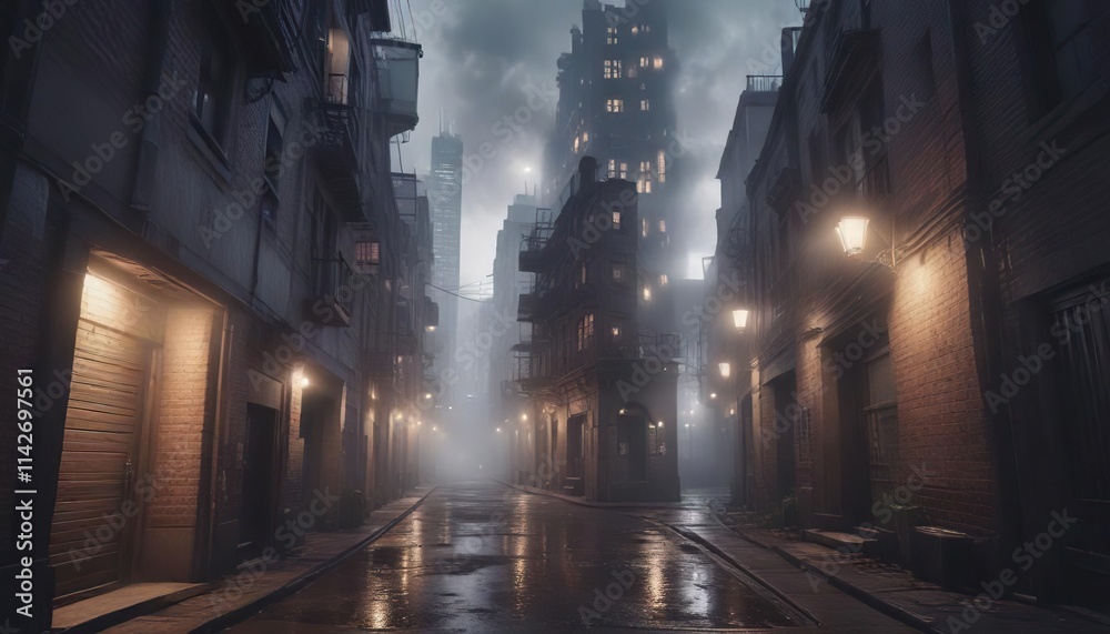 Cloud of fog in a dimly lit alleyway with tall buildings looming ...