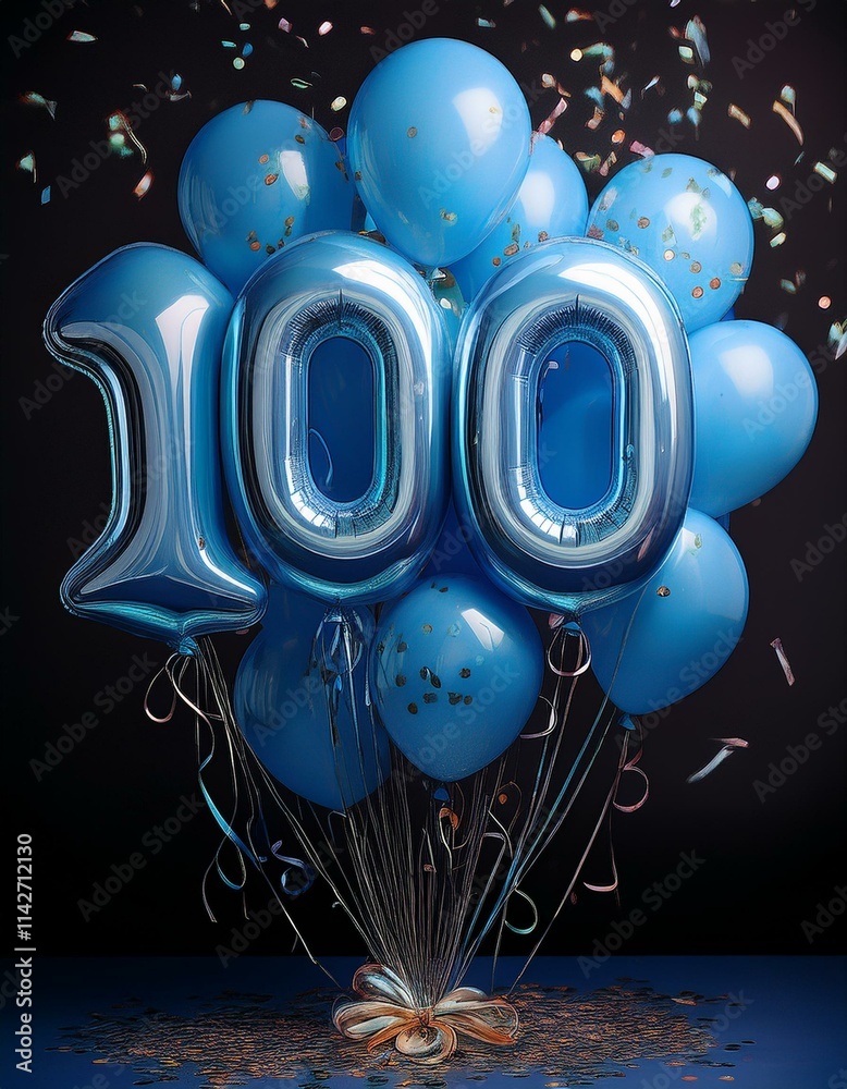 Blue birthday / anniversary balloon, number 100, black background with ...