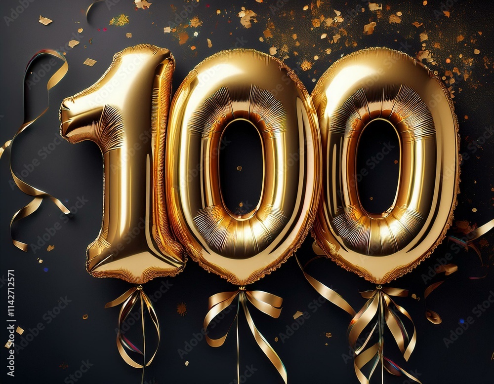 Gold birthday / anniversary balloon, number 100, black background with ...