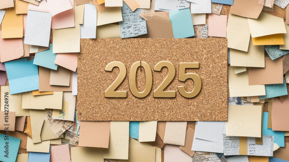 2025 Vision Board concept. Rustic corkboard vision board with colorful ...