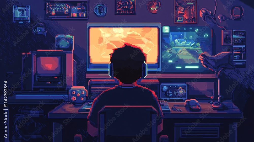 A male gamer, immersed in a vibrant pixel art world, sits at a retro ...