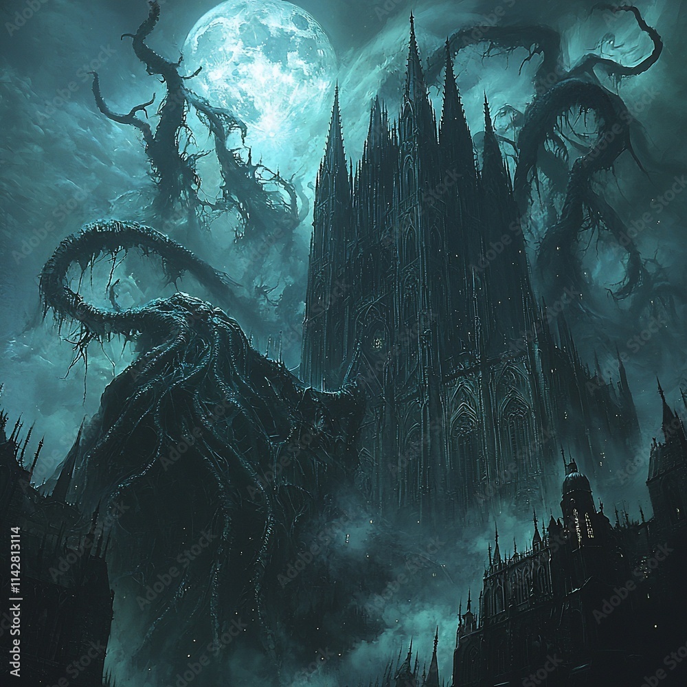 Gothic cathedral enveloped by monstrous, tentacled entity under a full ...