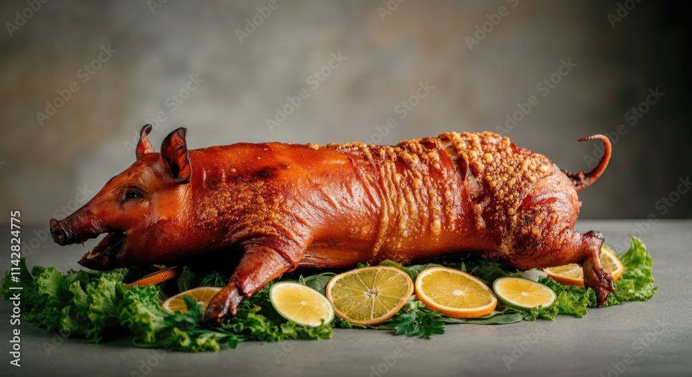 Whole roasted pig on lettuce and sliced citrus, displayed for feast ...