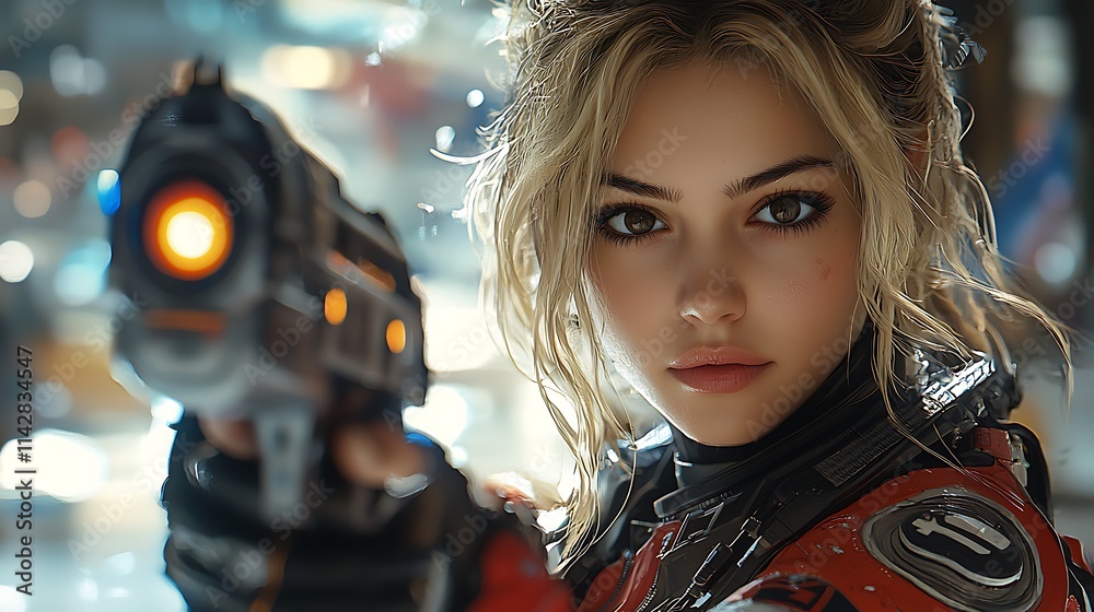 The beauty is holding a light gun in her hand panorama,Full body,blonde ...