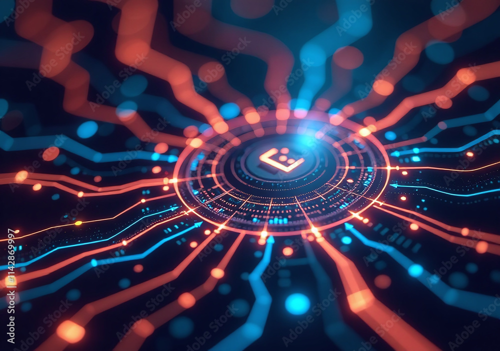 futuristic digital hub features glowing lines circuit networks ...