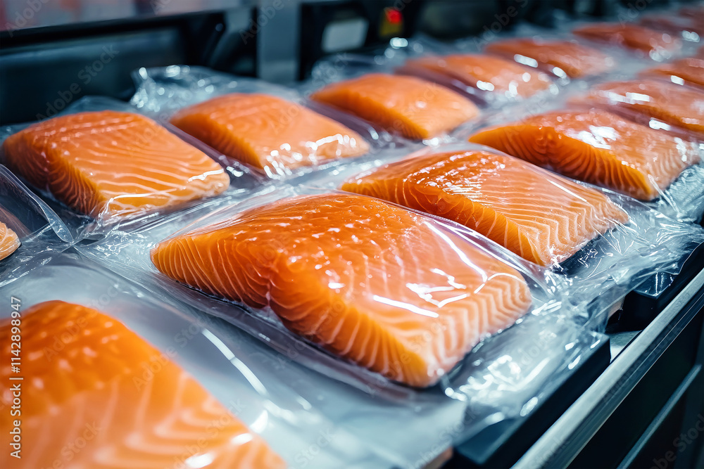 Salmon fillets on a bustling packing line showcasing freshness and ...