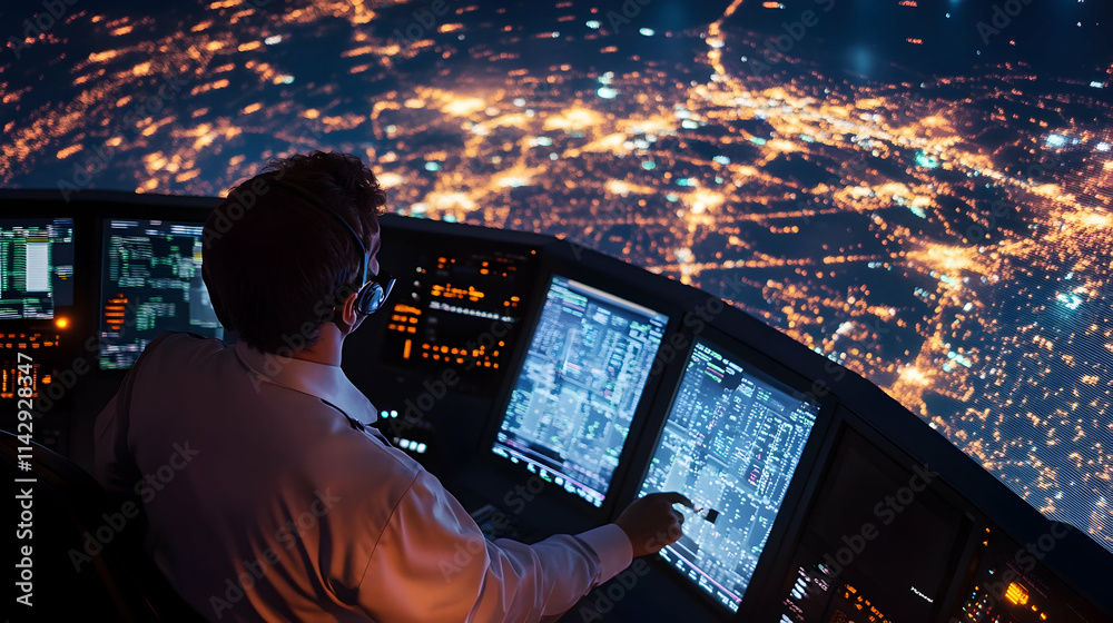 Air traffic controller monitoring flight data on multiple screens in a ...