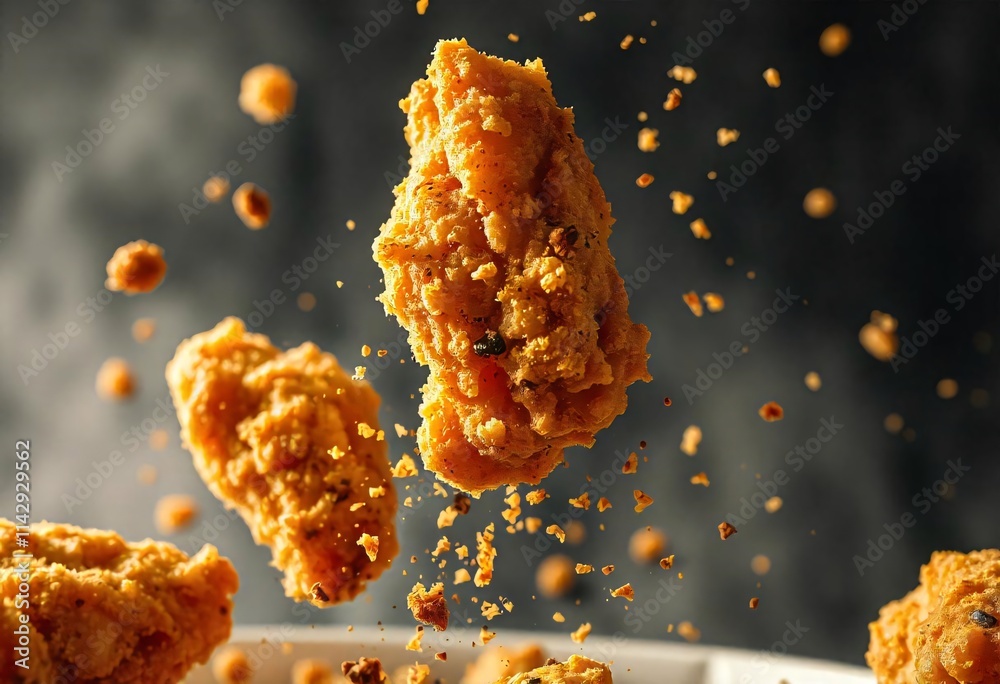 Crispy fried chicken pieces floating in the air, golden brown and ...