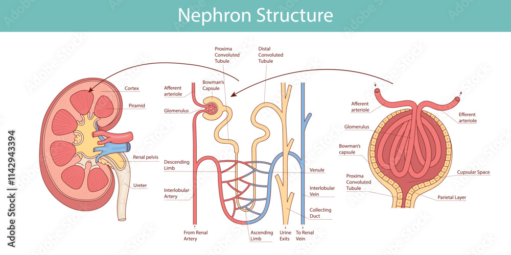 Structure of the nephron of the kidney. Vector medical illustration ...