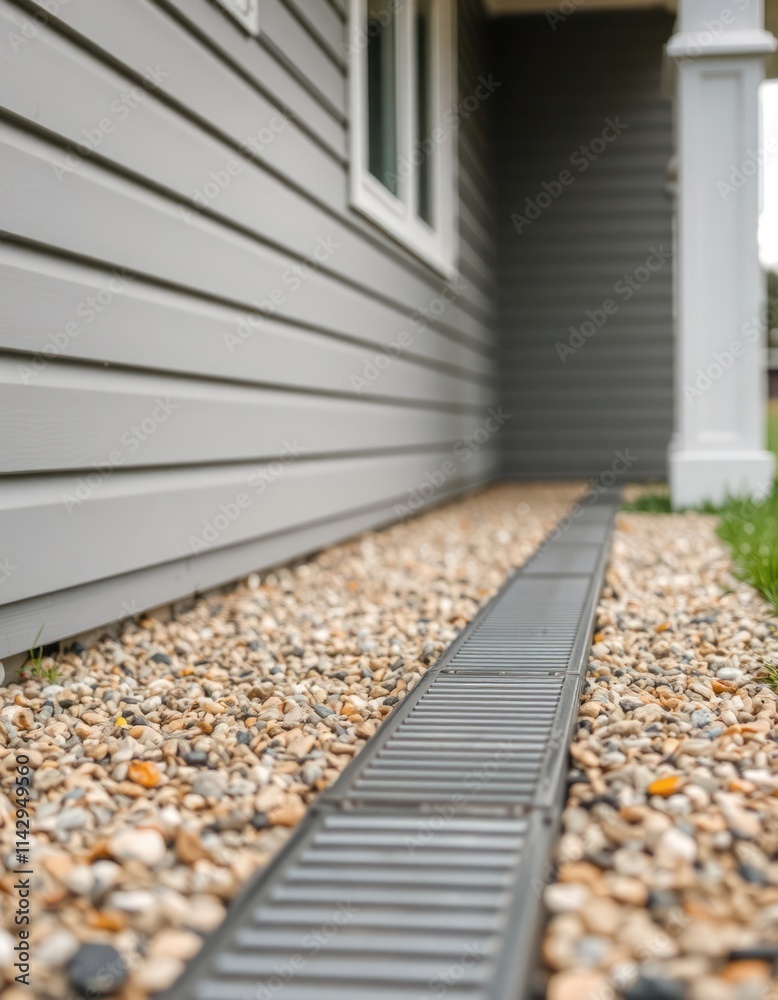 Modern house exterior features French drain system. Gravel bed along ...