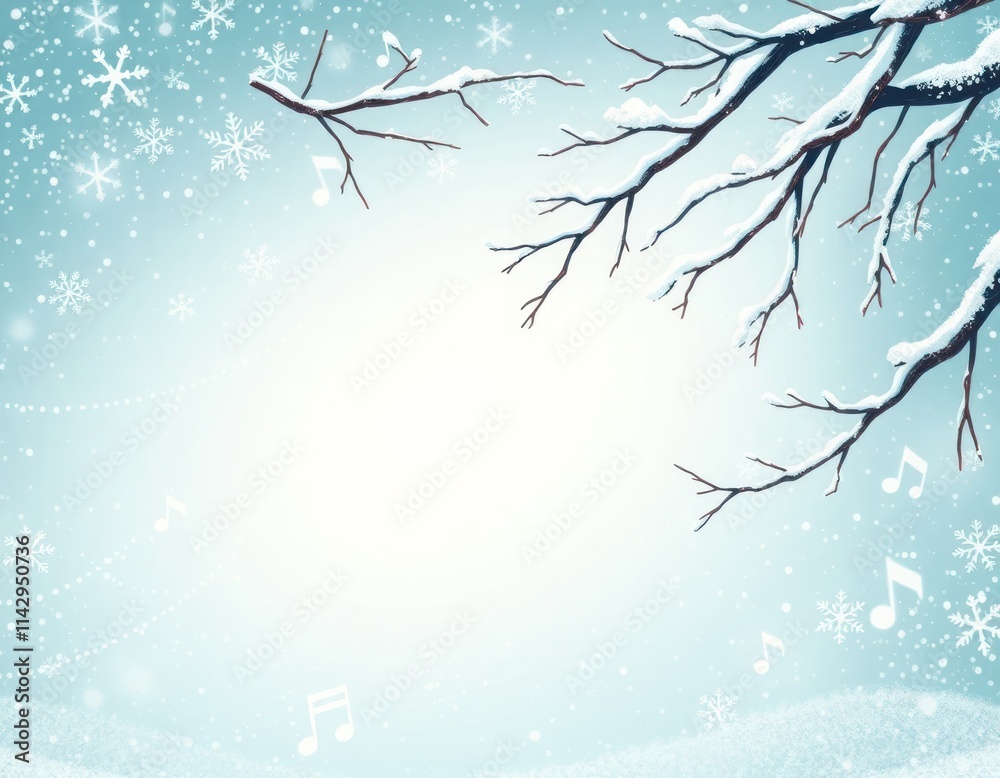 Snowy landscape with tree branch. Soft light, falling snowflakes create ...