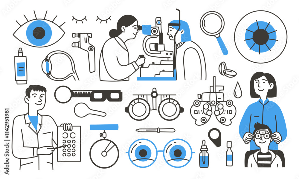 Ophthalmology set with ophthalmologist doctor checking vision. Vector ...