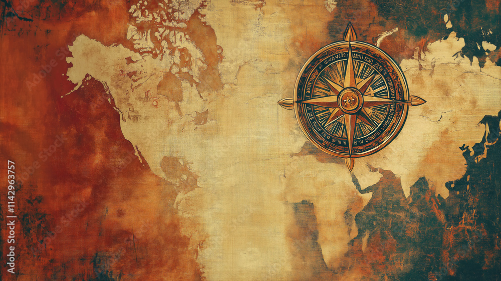 illustration of ancient compass on old vintage world map banner ...