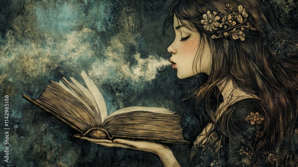 Girl Blowing on an Open Book - A young girl breathes life into an open ...