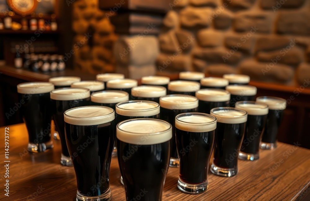 Rows of dark stout beers in glasses with creamy frothy heads. Perfect ...