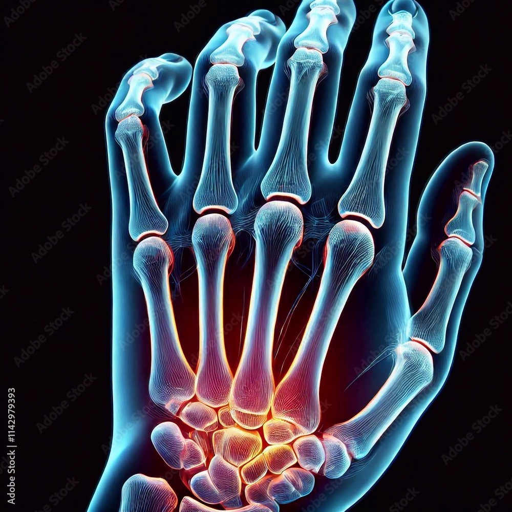 X-ray illustration of a human hand: bones, joints and injury areas ...