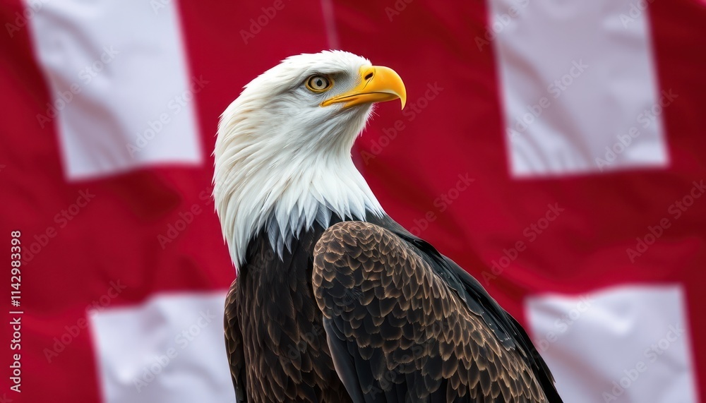 Bald eagle portrait against waving USA flag. Powerful bird of prey ...