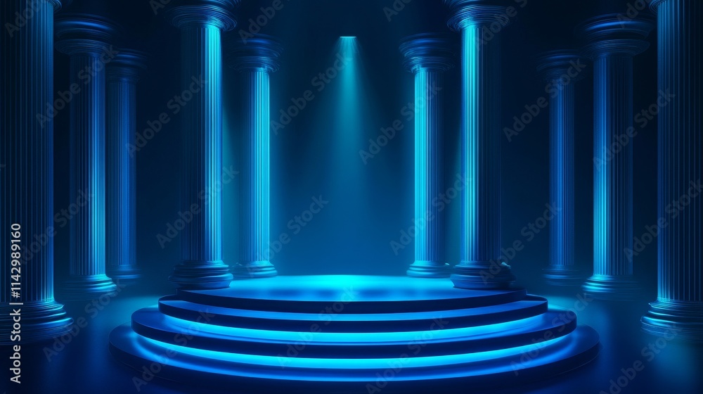 Abstract Blue Stage with Circular Platform and Pillars - A symbolic ...