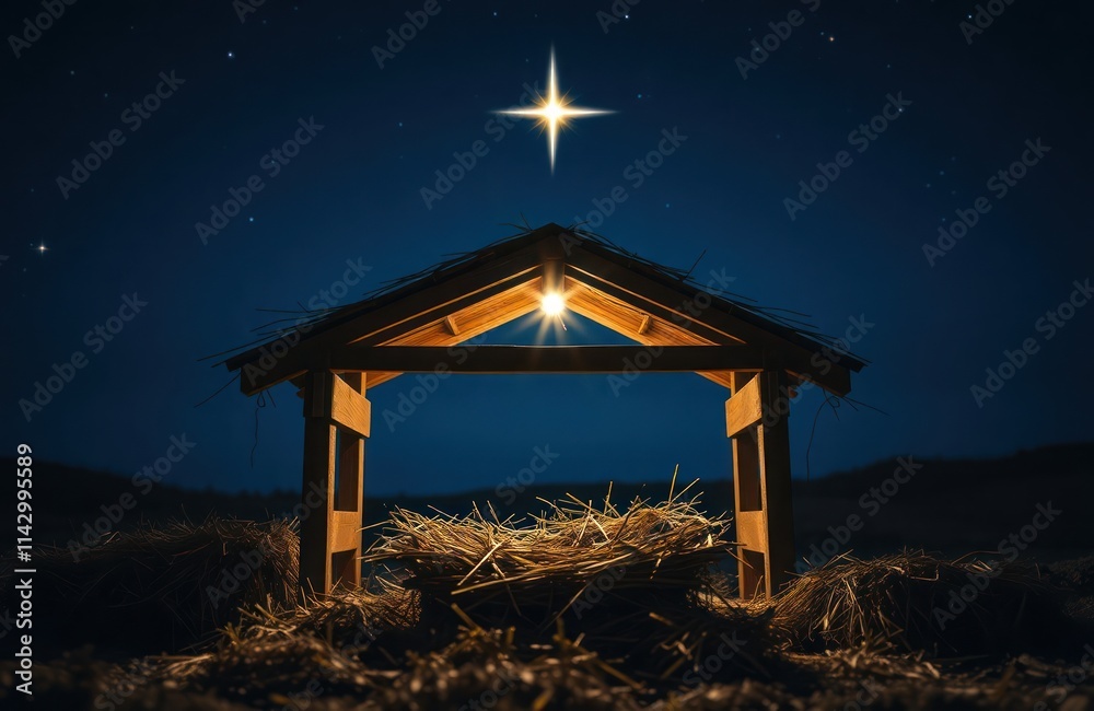 Empty wooden manger illuminated by bright star in dark night sky ...
