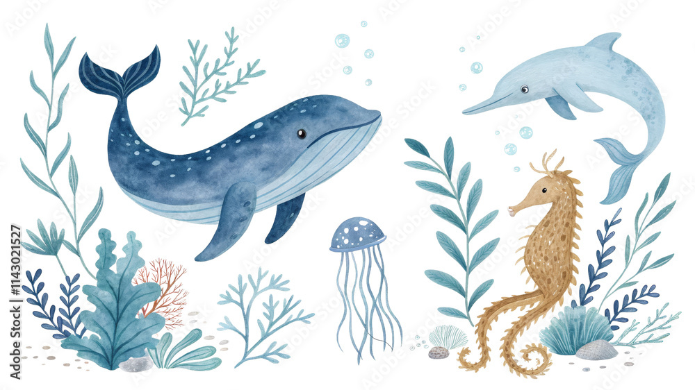 Watercolor Ocean Animals Composition Whale, Dolphin, Seahorse ...