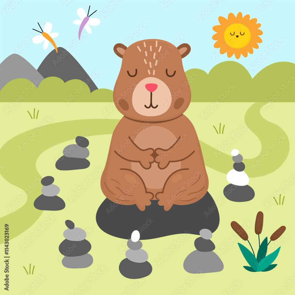 Vector capybara landscape illustration. Cute square scenery with ...