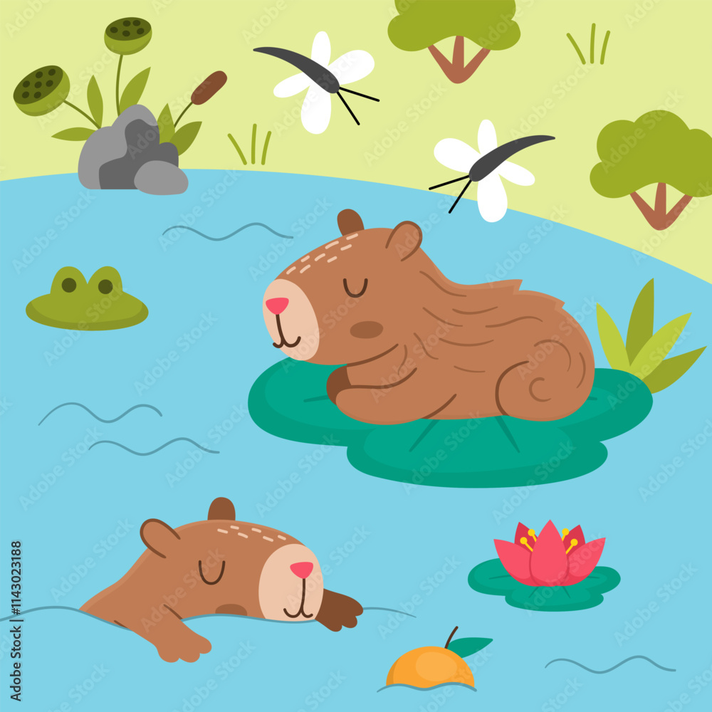 Vector capybara landscape illustration. Cute square scenery with ...