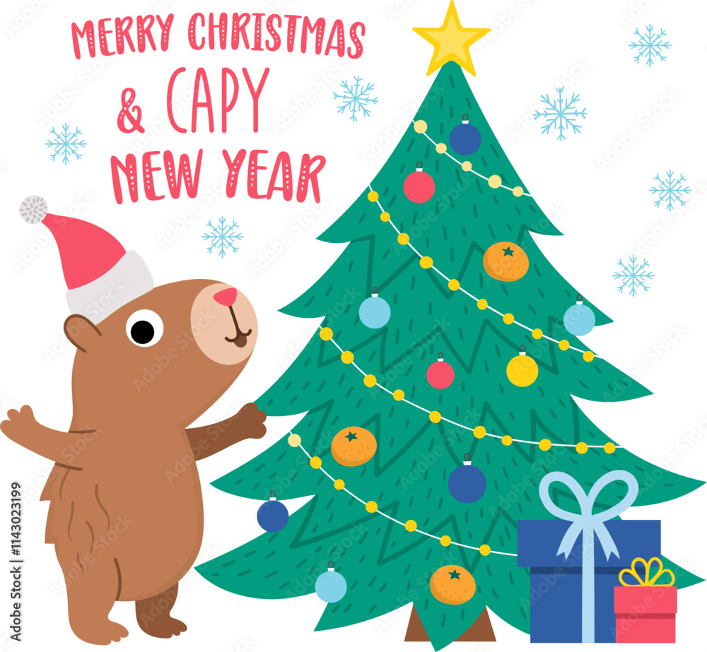 Vector Christmas capybara square card template. Cute capibara in Santa ...