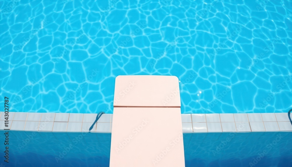 Outdoor swimming pool with light pink diving board. Sunlight reflects ...