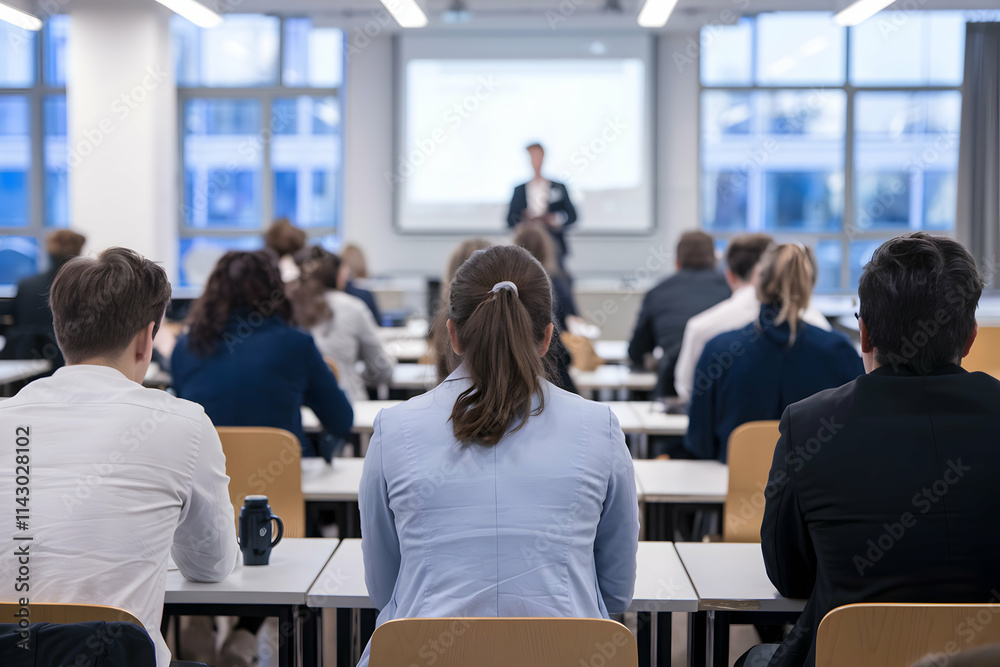 Classroom setting, seated audience facing presentation screen, natural ...