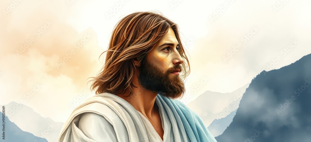 Jesus Christ portrait in mountains. Peaceful figure looks to distant ...