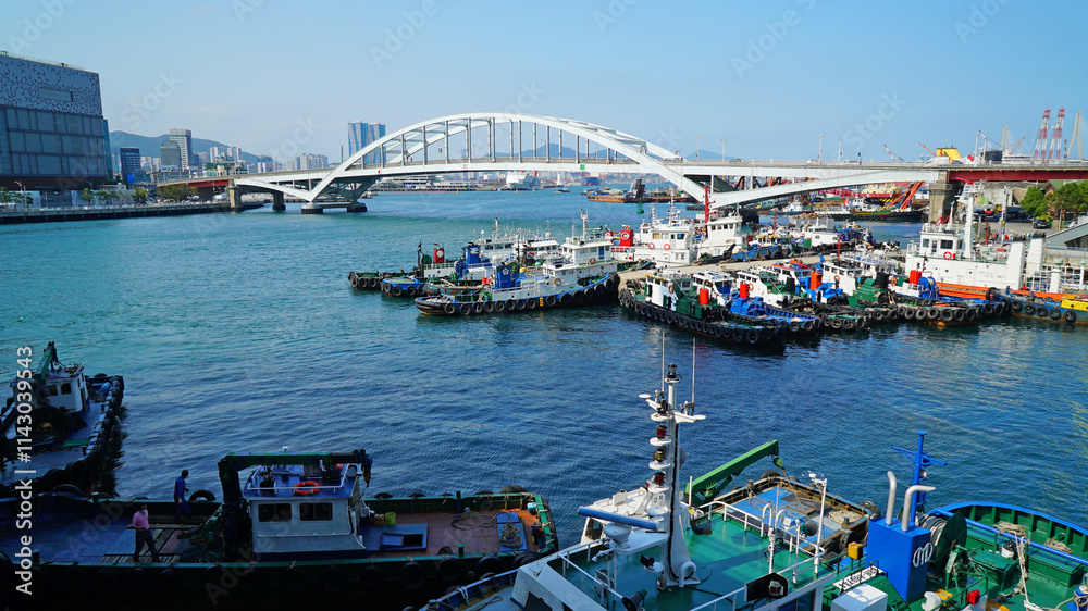 Ships anchored in and near Busan Bridge in Busan Stock Photo | Adobe Stock