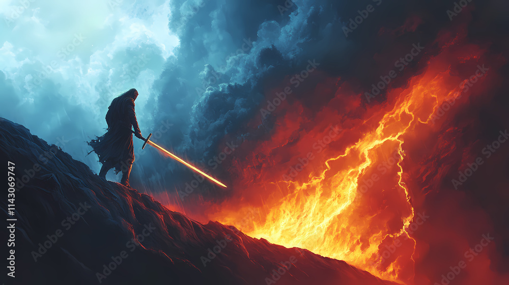Lightning strikes man hill holds sword oil fire brimstone inspiring ...