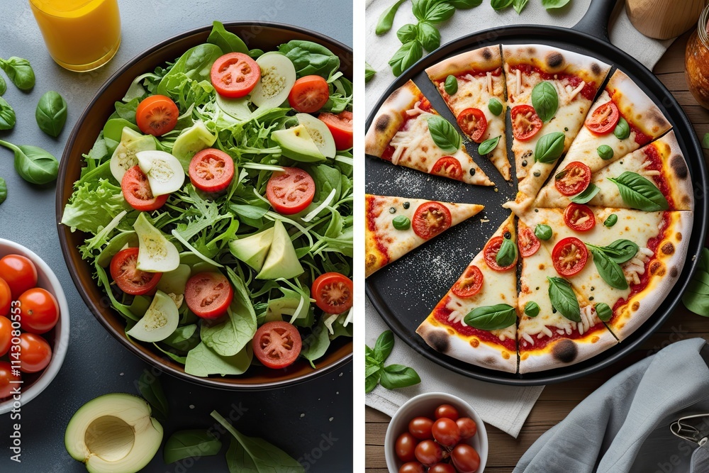 Healthy Eating Choices Comparison Nutritious Salad versus Indulgent ...