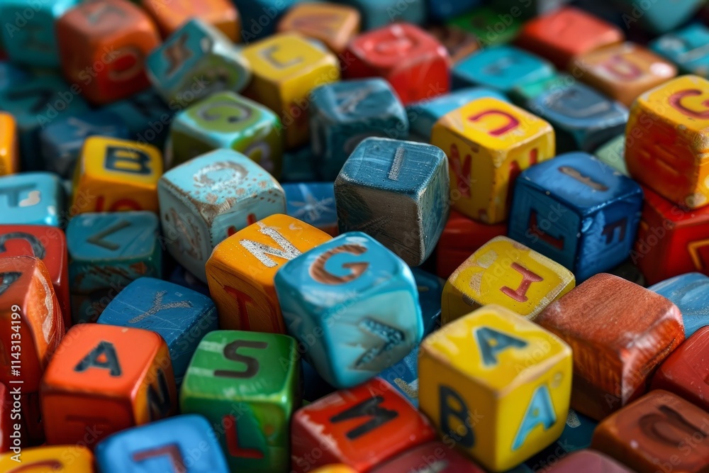 Foto Jumbled pile of colorful wooden alphabet blocks is lying on a ...