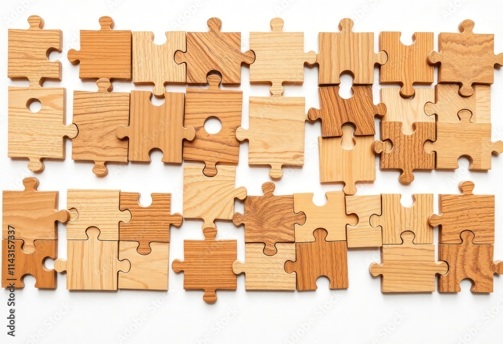 Wooden puzzle pieces arranged on white background. Different shades of ...