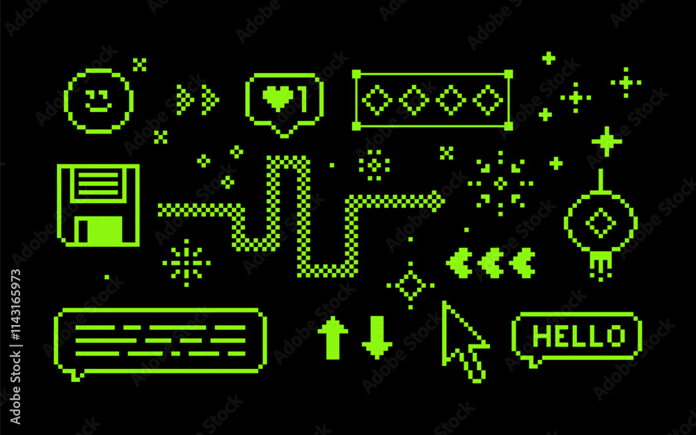 Y2k pixel icon set. Game abstract elements. Mood of 90s aesthetics. 8 ...
