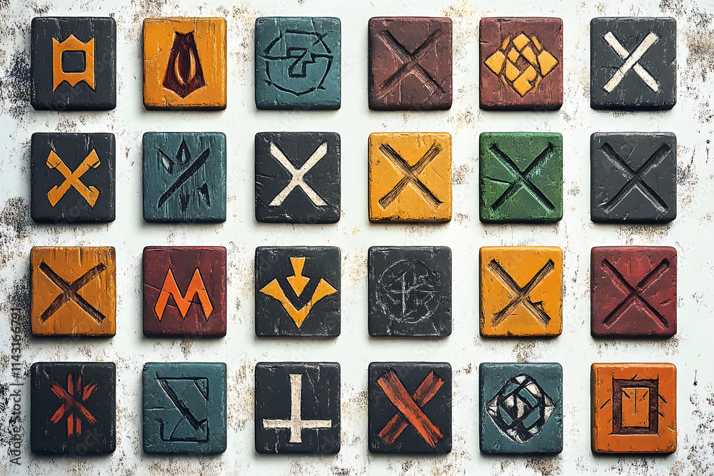 Collection of colorful runes, geometric symbols in a grid layout ...