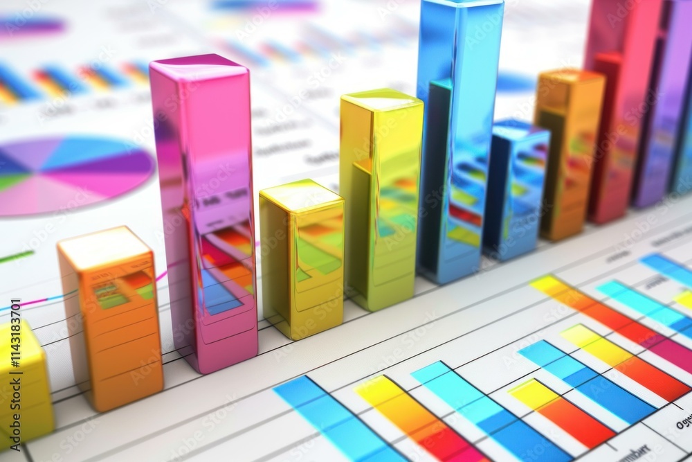 3d illustration of a colorful metallic bar chart showing growth on a ...