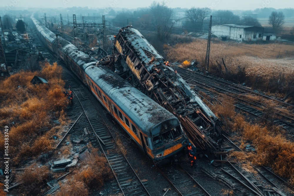 Abandoned Train Wreckage in Desolate Landscape with Overgrown ... Abandoned Train Wreckage in Desolate Landscape with Overgrown ...