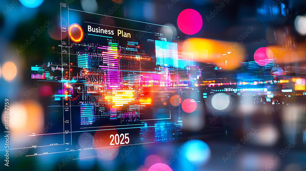 Futuristic digital workspace showcasing vibrant business plan for 2025 ...