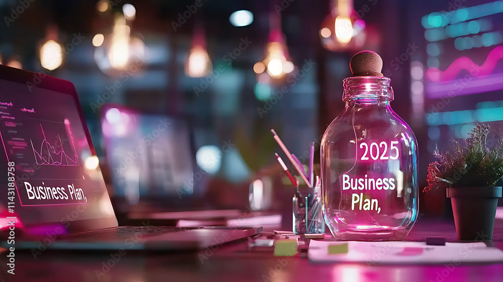 modern workspace featuring glass jar labeled 2025 Business Plan ...